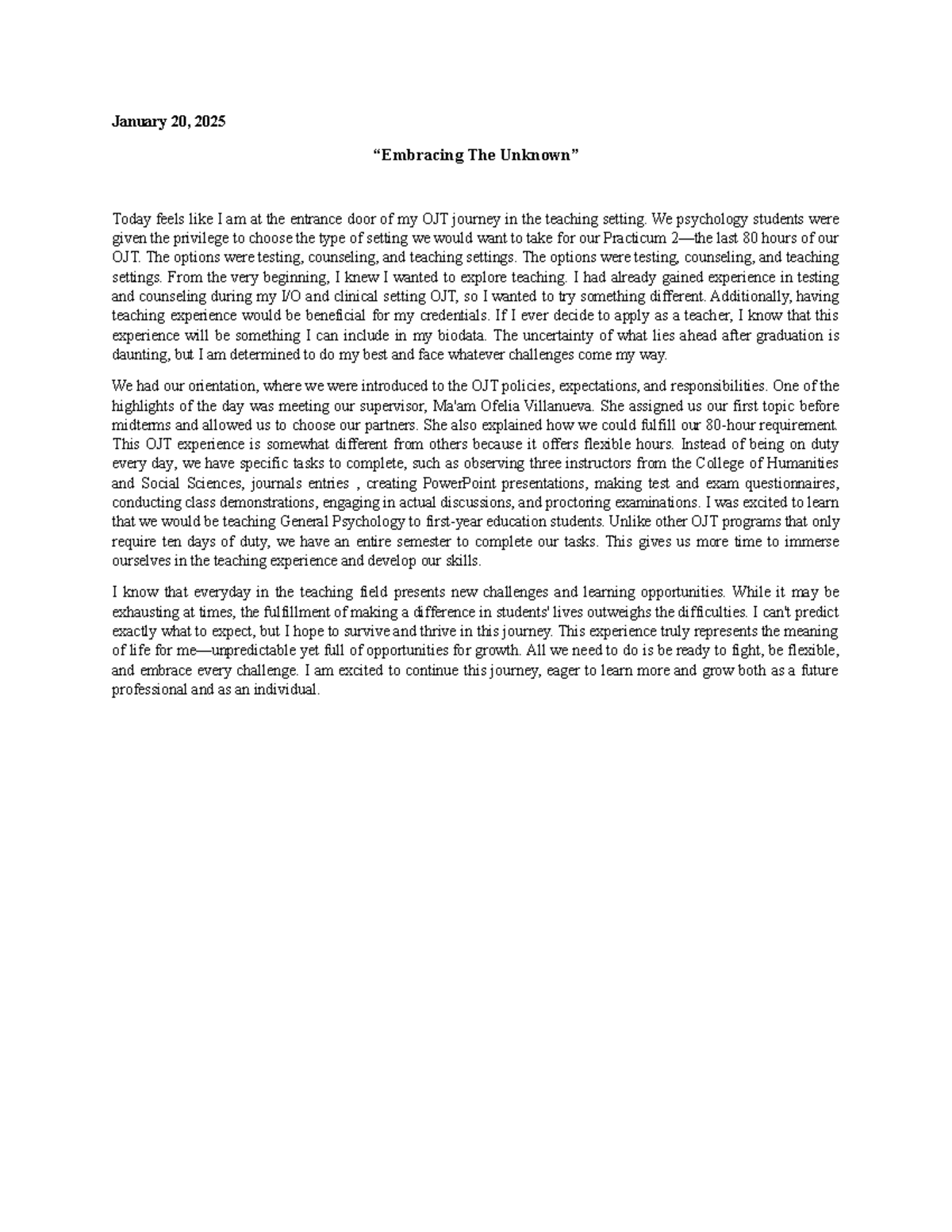 Journal Reflections on Teaching Setting OJT (Psychology 101) - Studocu