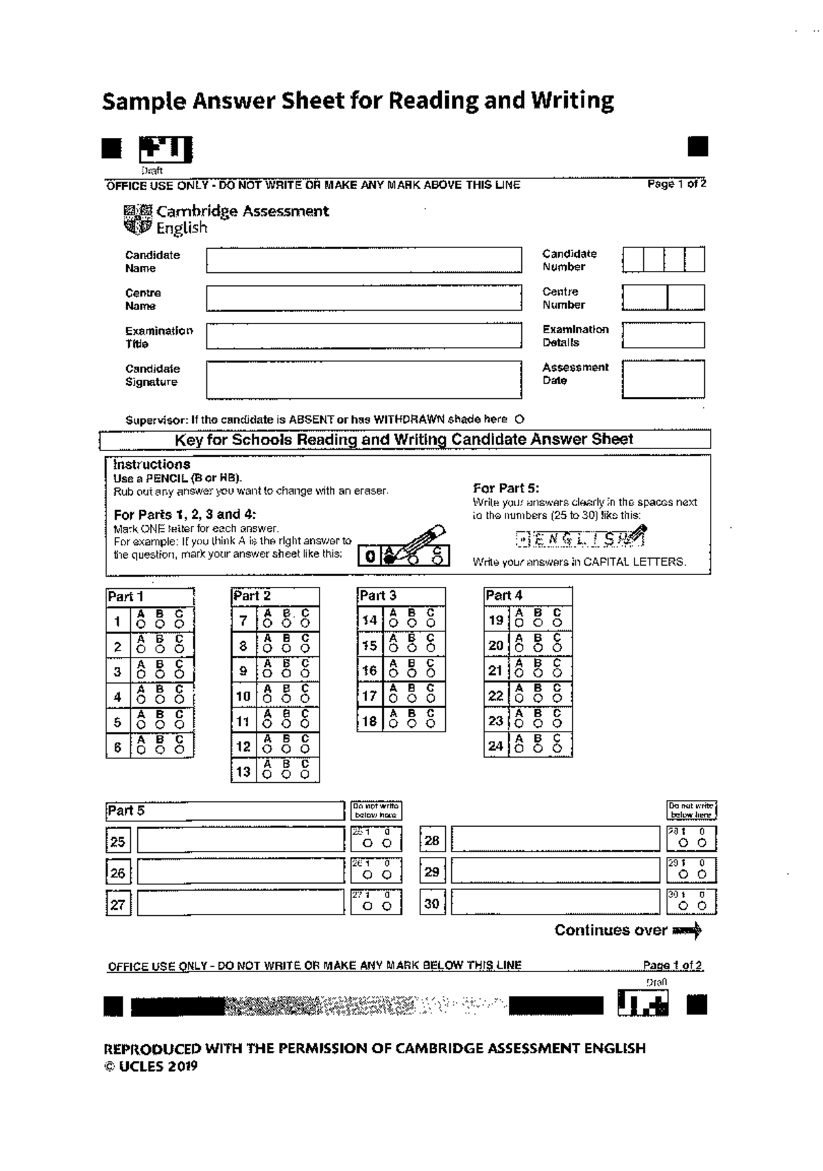 KET Reading and Writing Sample Answer Sheet Instructions - Studocu