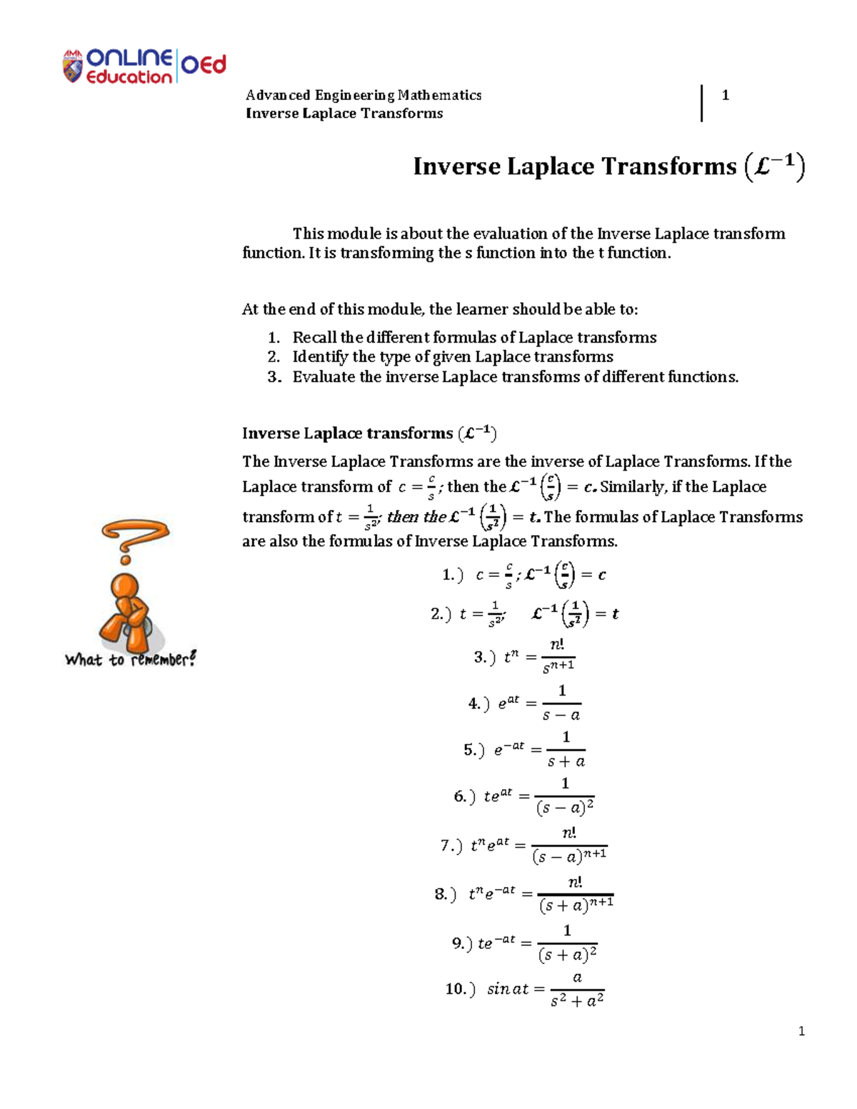 Advanced Engineering Mathematics (Week 7) - Inverse Laplace Transforms ...