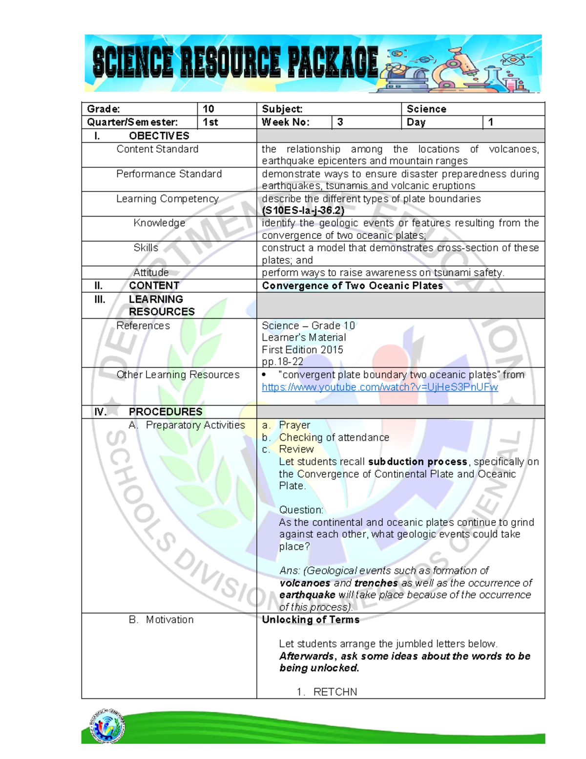 G10 Science 1st Qtr Week 3 Day 1: Convergence of Oceanic Plates - Studocu