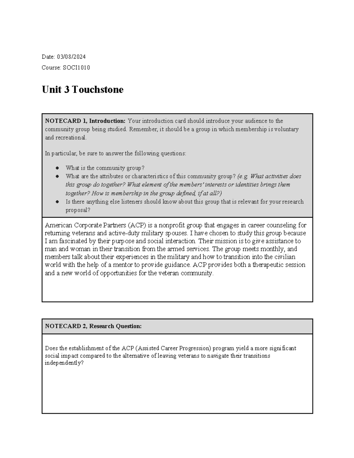 SOCI1010 Touchstone 3: Community Study Proposal Notecards - Studocu