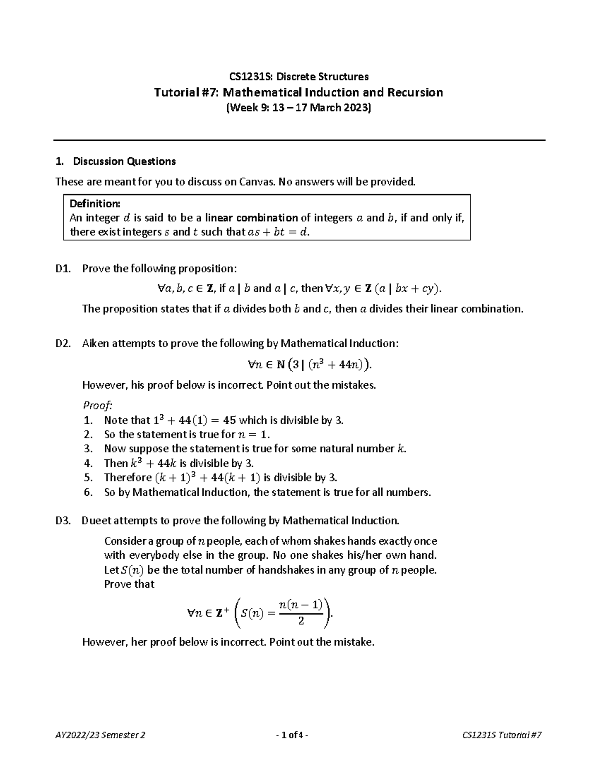 CS1231S: Discrete Structures Tutorial on Mathematical Induction & Recursion - Studocu