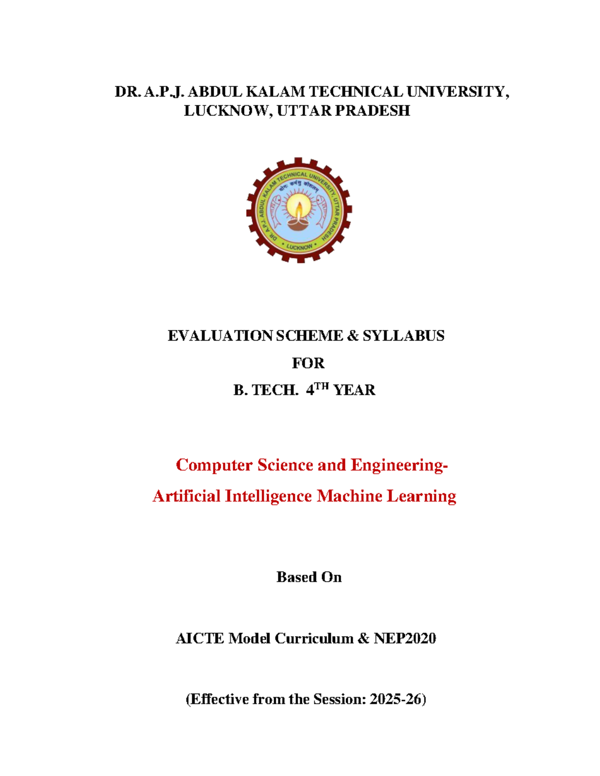 B.Tech CSE AIML Syllabus for 4th Year (2025-26) - Studocu