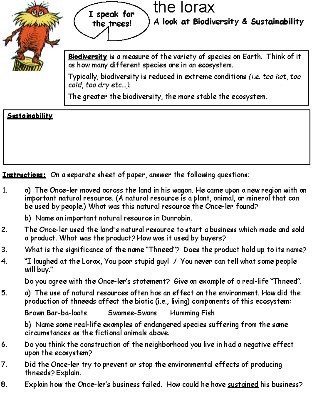 Biodiversity and sustainability worksheet - I speak for the trees! the ...