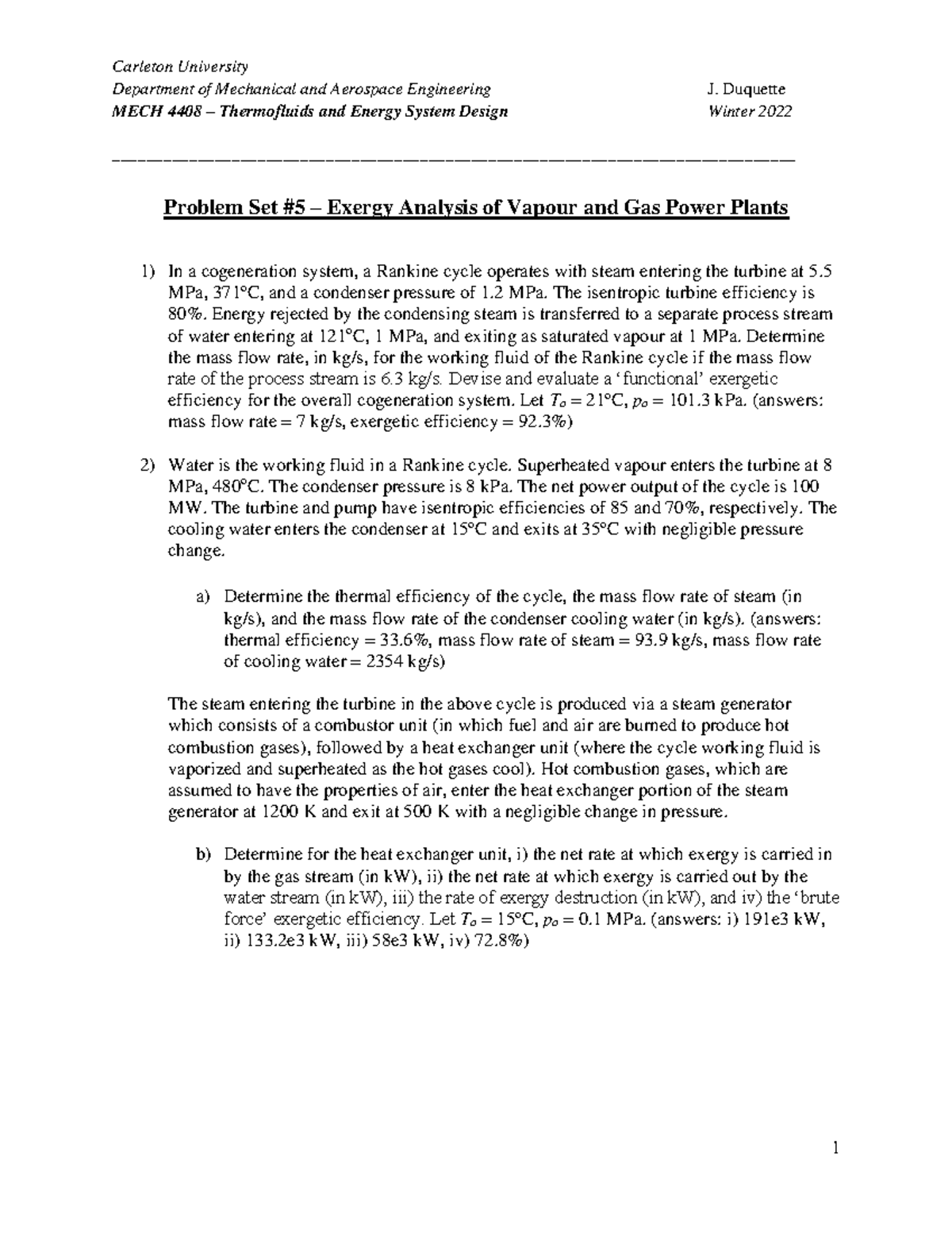 Problem set 5 - Carleton University Department of Mechanical and ...