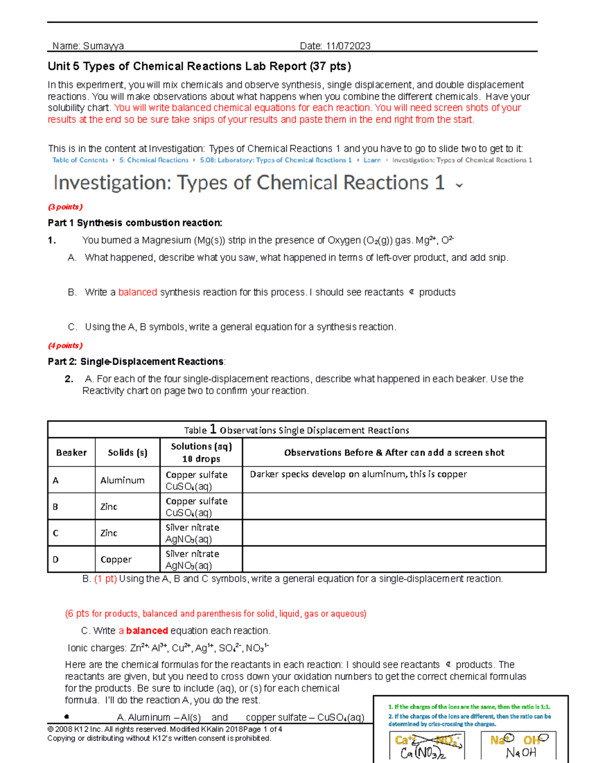Unit 5 Chemical Reactions Lab Report - Name: Sumayya Date: 11/ Unit 5 ...