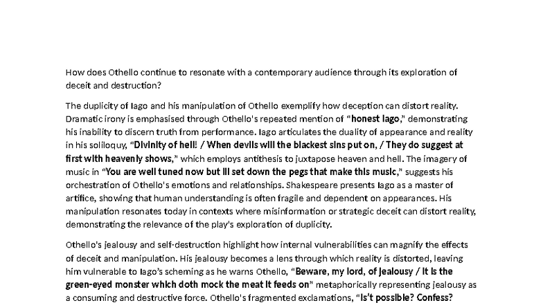 Othello Analysis: Deceit, Gender, and Contemporary Relevance - Studocu
