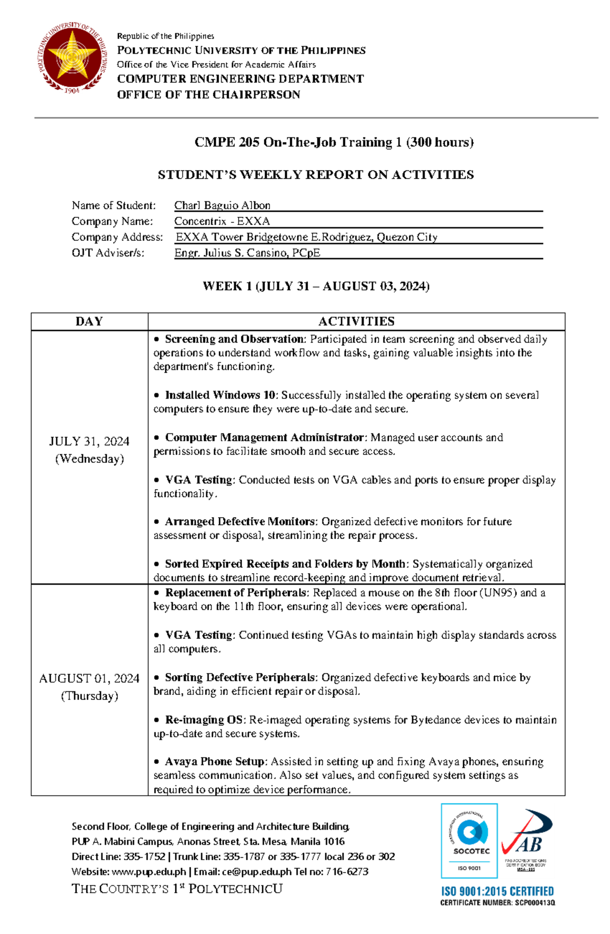 CE-Weekly-Report 1-1 - Albon copy - Republic of the Philippines ...