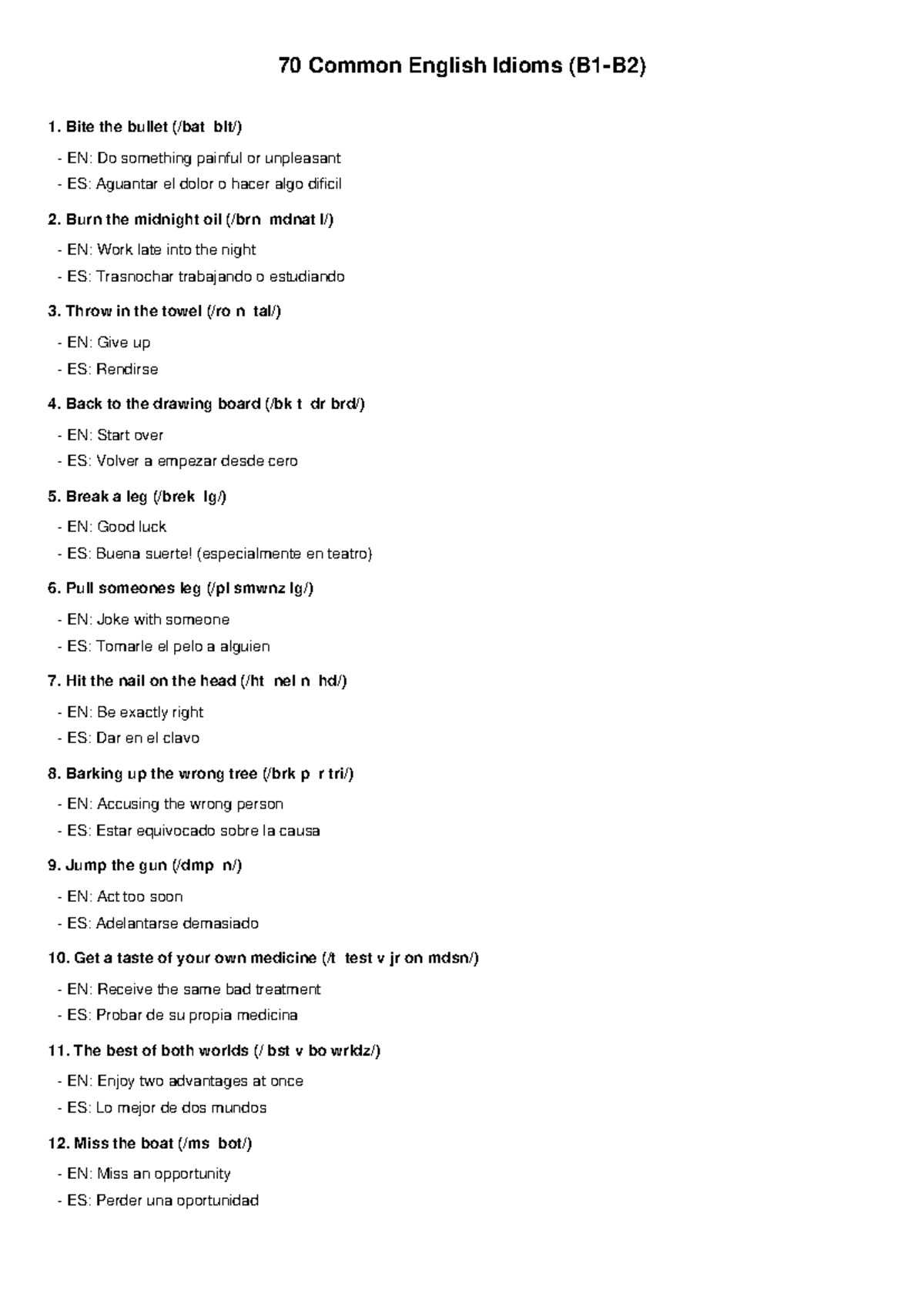 70 Common English Idioms: Part 1 Overview - Studocu