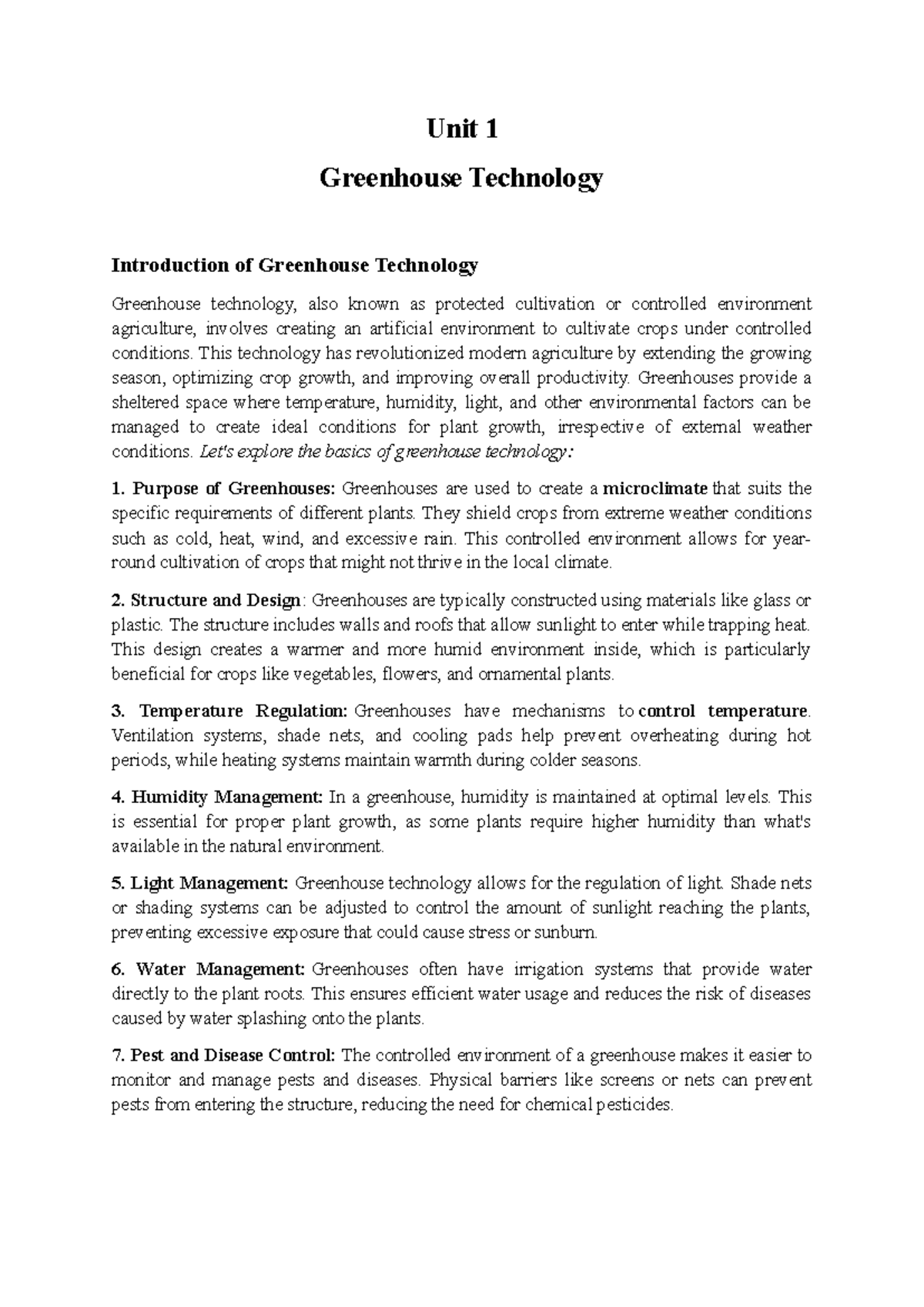 Lecture Notes on Greenhouse Technology (AGRI 101) - Studocu