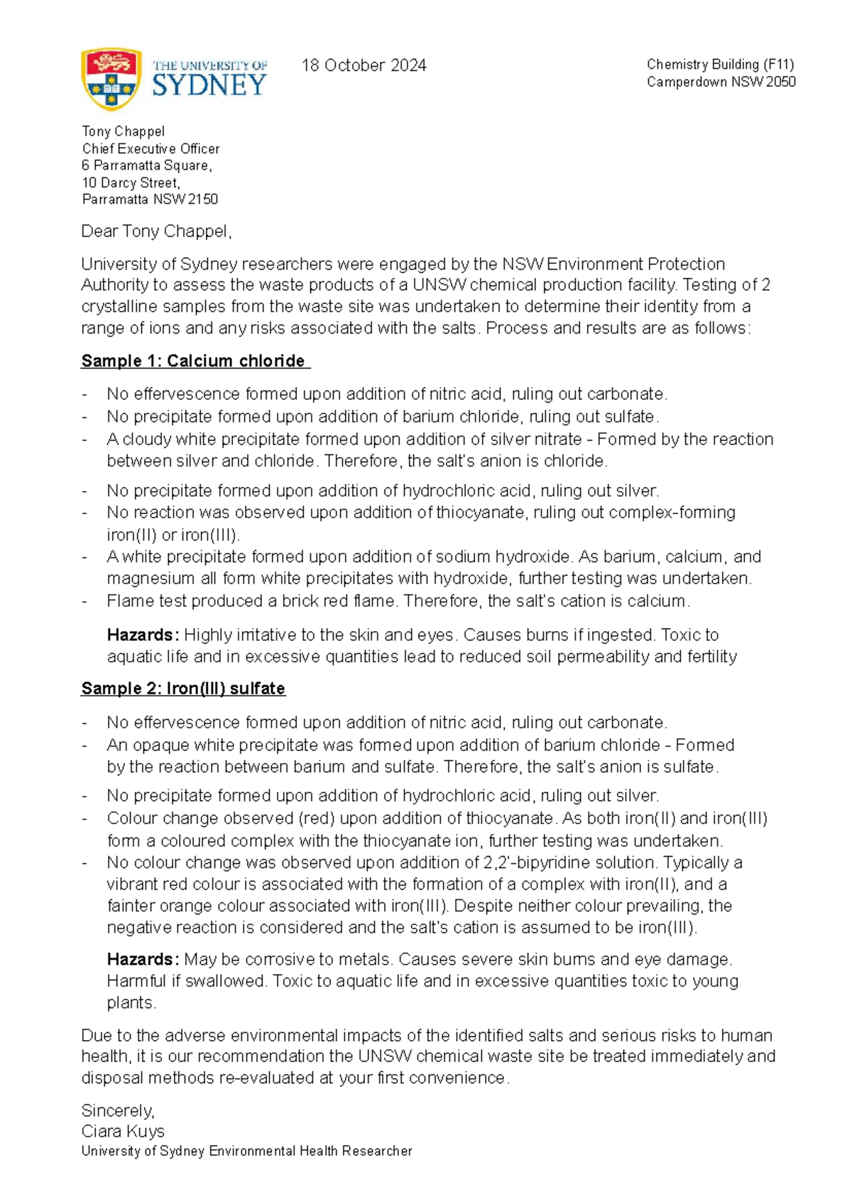 Letter to EPA: Assessment of UNSW Chemical Waste (Chem 101) - Studocu
