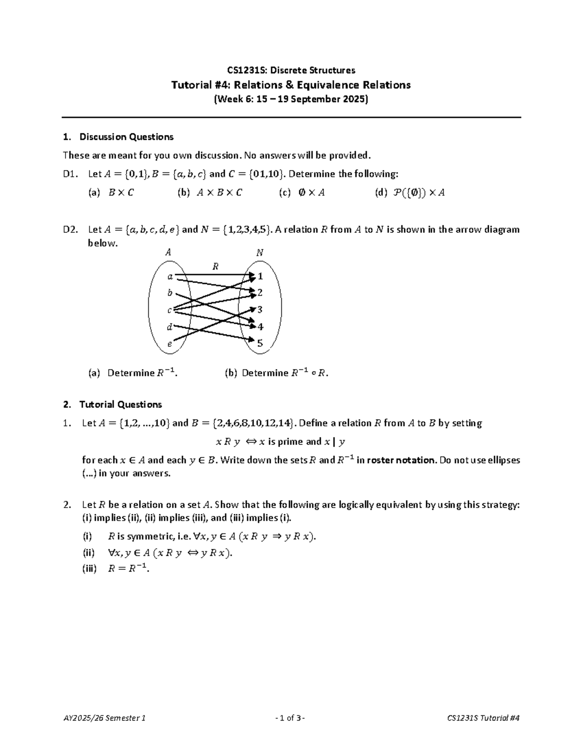CS1231S: Discrete Structures Tutorial on Equivalence Relations (Week 6) - Studocu