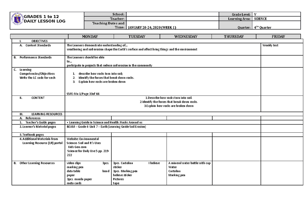Grade 5 DLL Science 5 Q4 Week 1 - GRADES 1 to 12 DAILY LESSON LOG School: Grade Level: V Teacher ...