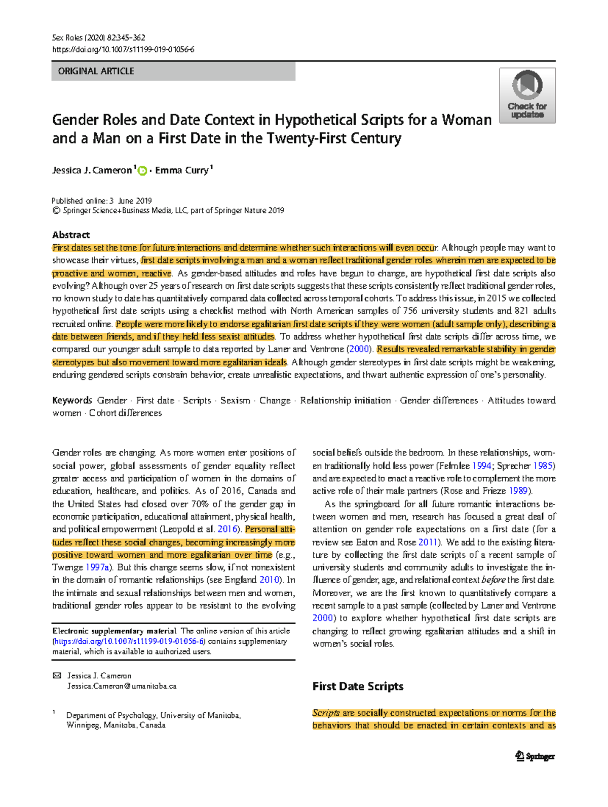 Gender Roles in First Date Scripts: A Study (Ge Psychology) - Studocu