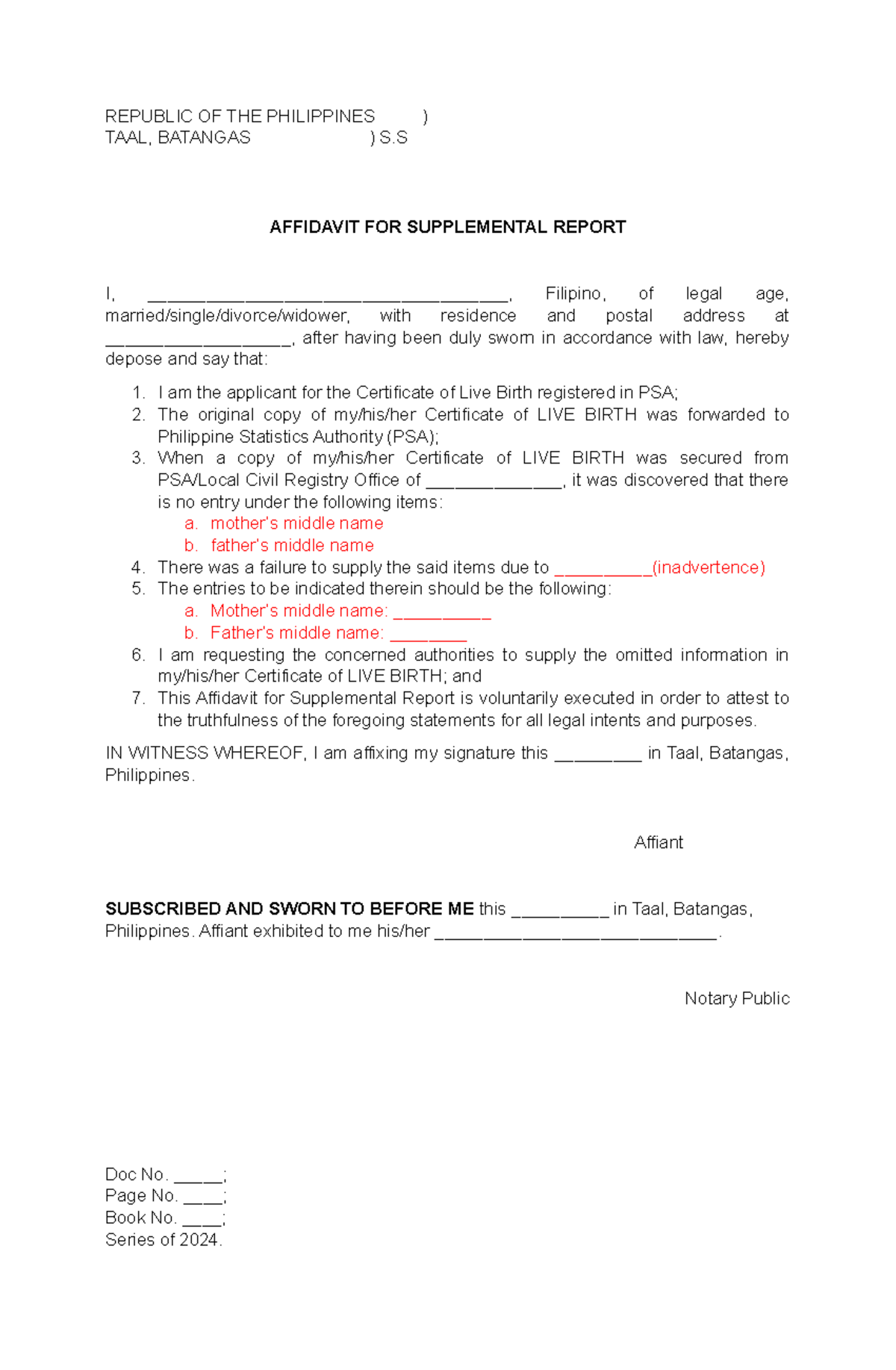 Affidavit for Supplemental Report - Taal, Batangas, 2024 - Studocu