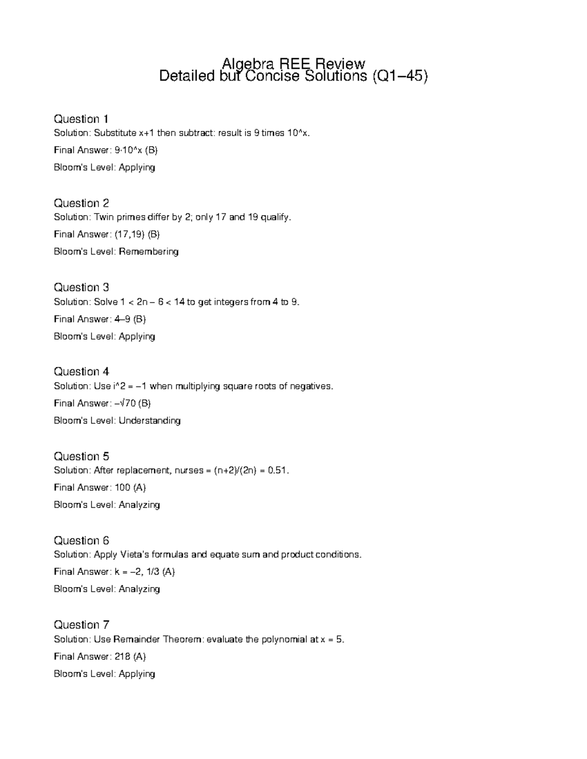 Algebra REE Solutions Q1-45: Detailed & Concise Answers - Studocu