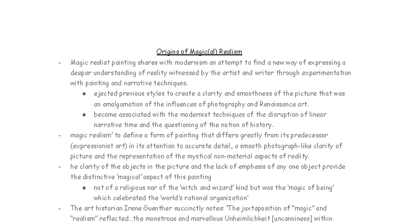 Reading 1: Origins of Magic(al) Realism in Art and Literature - Studocu