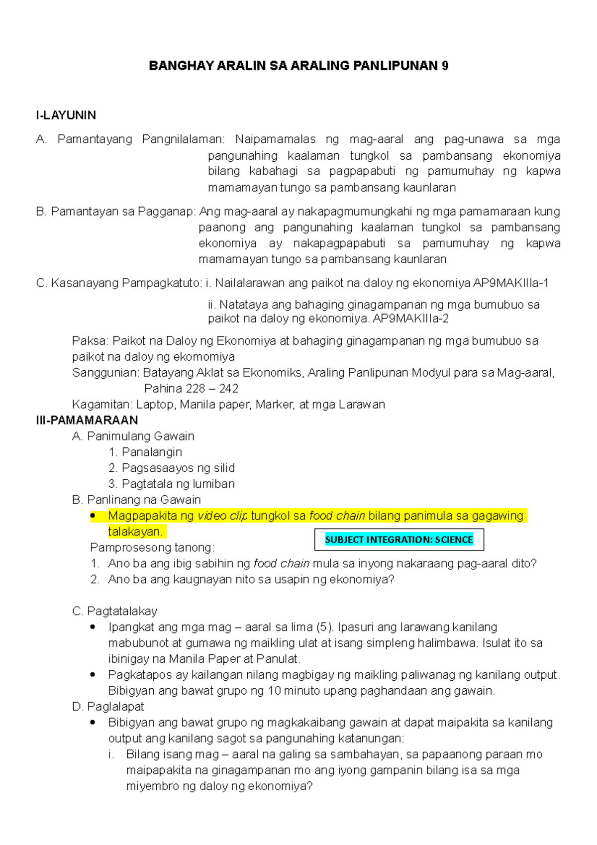 AP-NOV - Lesson Plan - BANGHAY ARALIN SA ARALING PANLIPUNAN 9 I-LAYUNIN A. Pamantayang - Studocu