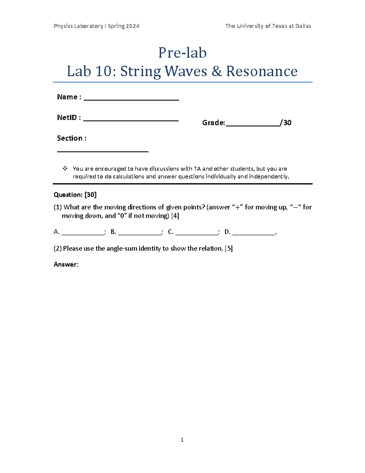 Lab 10 Pre-lab: Exploring String Waves & Resonance - PHYS 1010 - Studocu