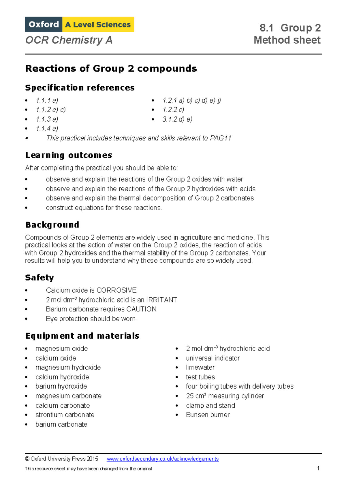 Practical Methods for Group 2 Reactions - OCR Chemistry A - Studocu