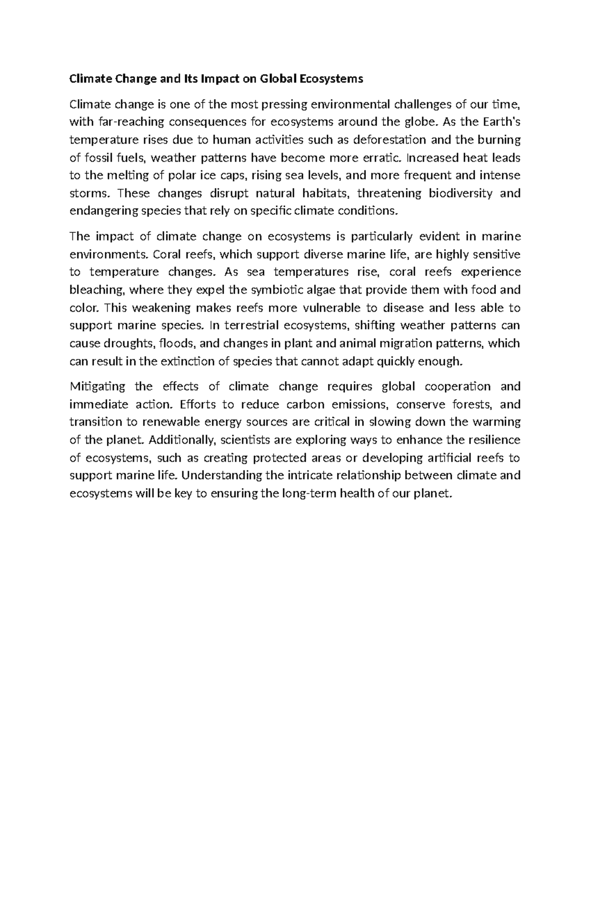 Climate Change and Its Impact on Global Ecosystems - As the Earth's ...