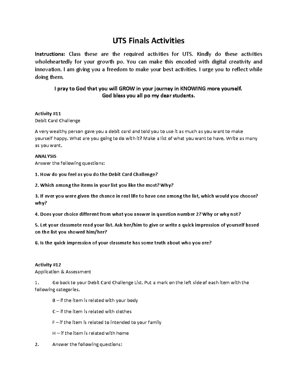 UTS Finals Activities 2025: Engaging Self-Discovery Tasks - Studocu