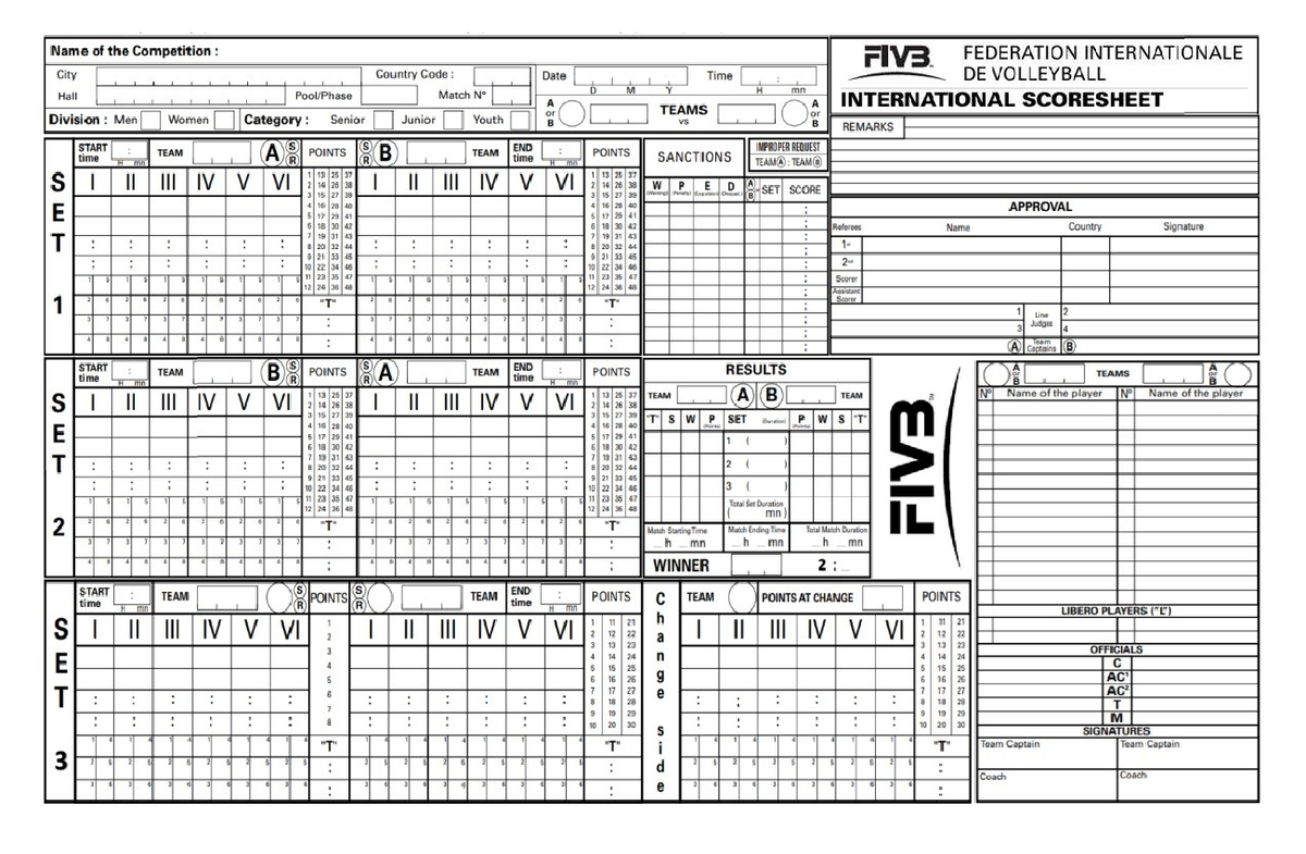 FIV3 Volleyball Competition 3 Sets Scoresheet - Studocu