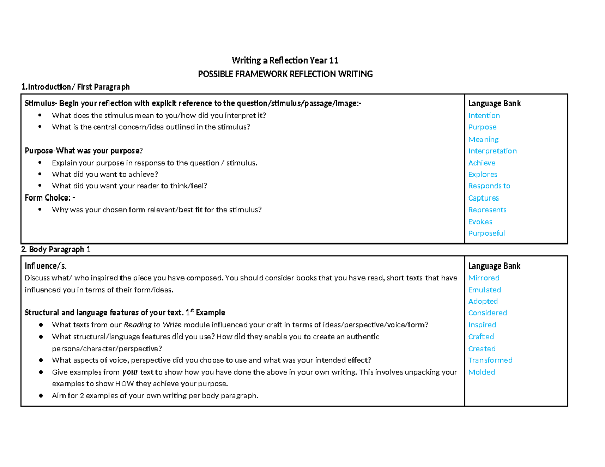 Year 11 Reflection Writing Framework - Generic Scaffold 2026 - Studocu