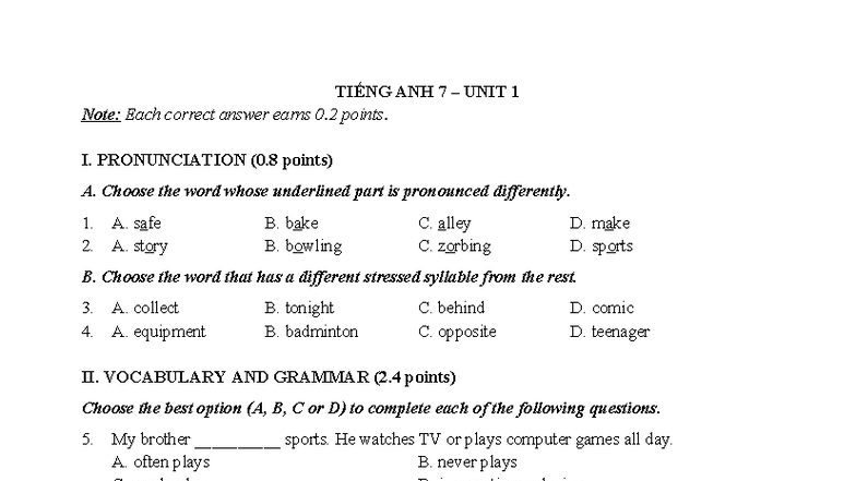 Bài tập bổ trợ unit 1 - vbnm - TIẾNG ANH 7 – UNIT 1 Note: Each correct ...