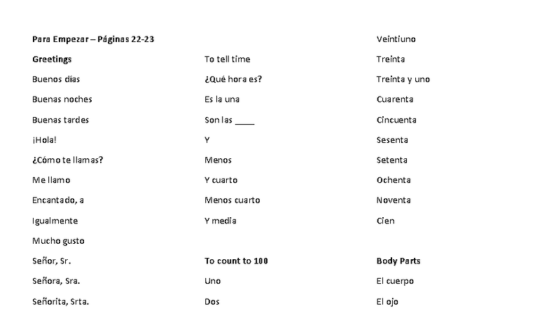 Para Empezar - Vocab List for Spanish 101 - Studocu