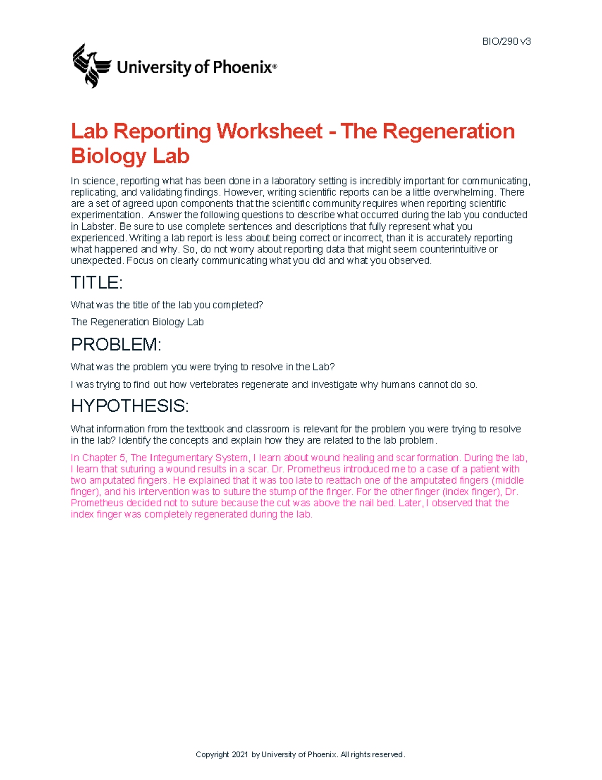 Wk3 the regeneration biology lab - BIO/290 v Lab Reporting Worksheet ...
