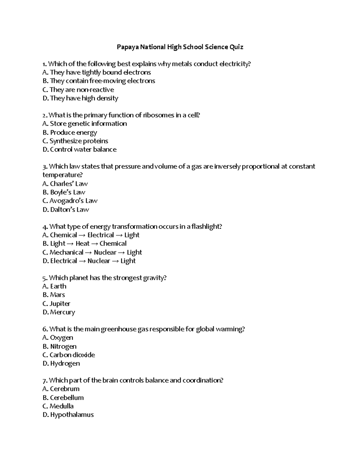 Papaya National High School Science Quiz 1: Key Concepts and Questions ...