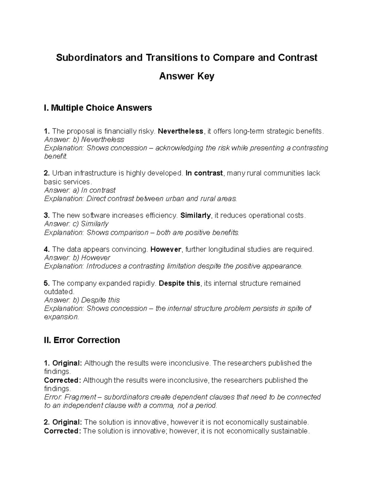Subordinators and Transitions: Compare & Contrast Worksheet Answers ...