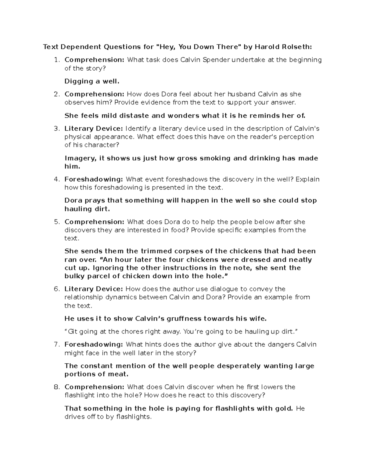 Text Dependent Questions for "Hey, You Down There" Analysis - Studocu