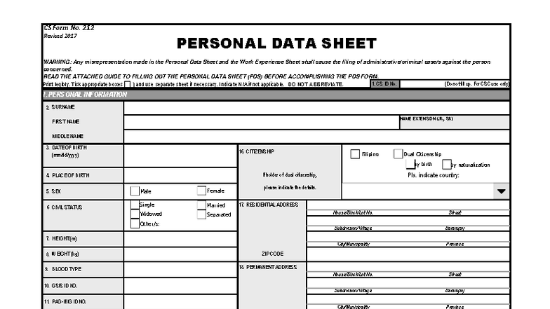 CS Form No. 212: Personal Data Sheet (PDS) Revised 2017 - Studocu