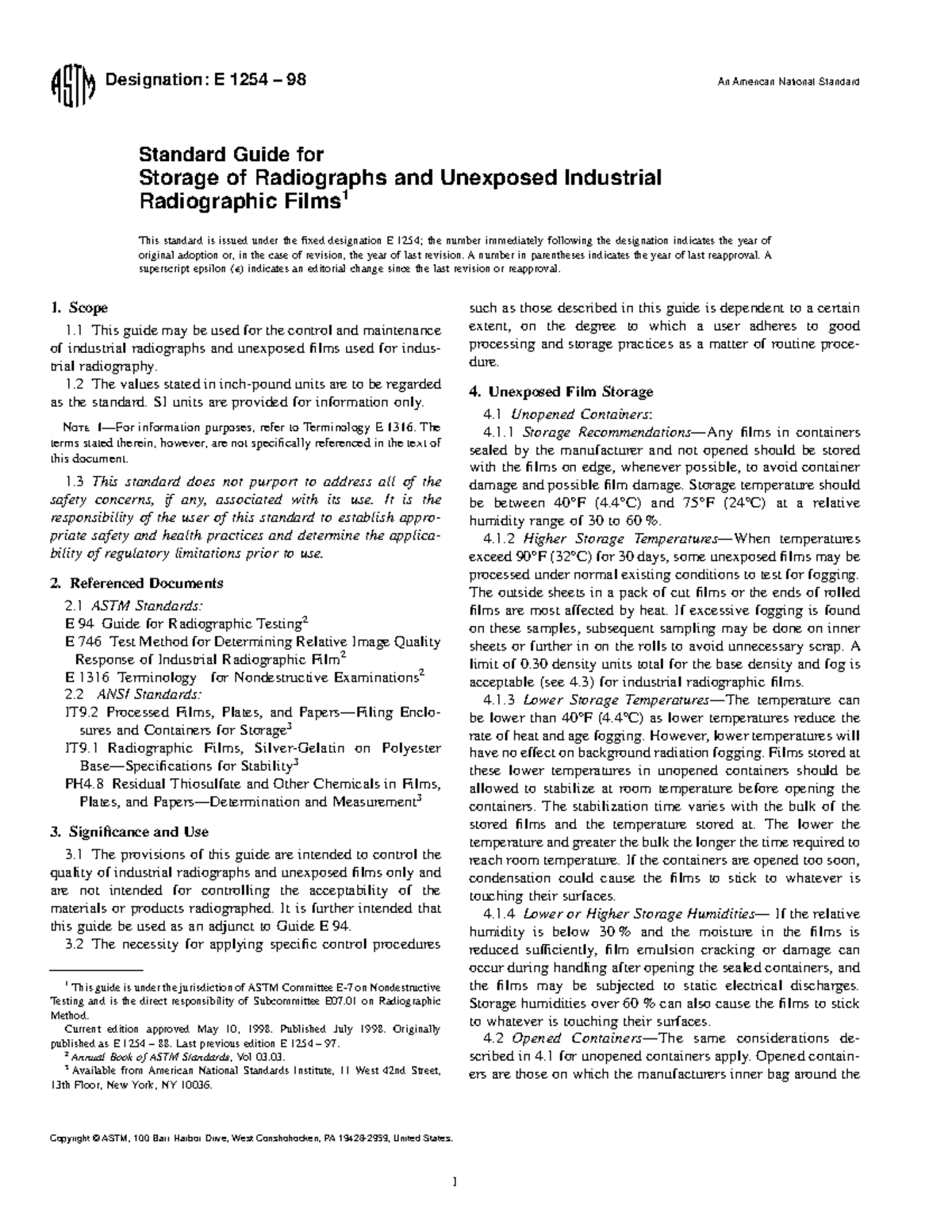 ASTM E1254 - Standard Guide for Radiograph Storage and Handling - Studocu