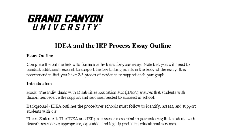IDEA and the IEP Process Essay Outline - Note that you will need to ...