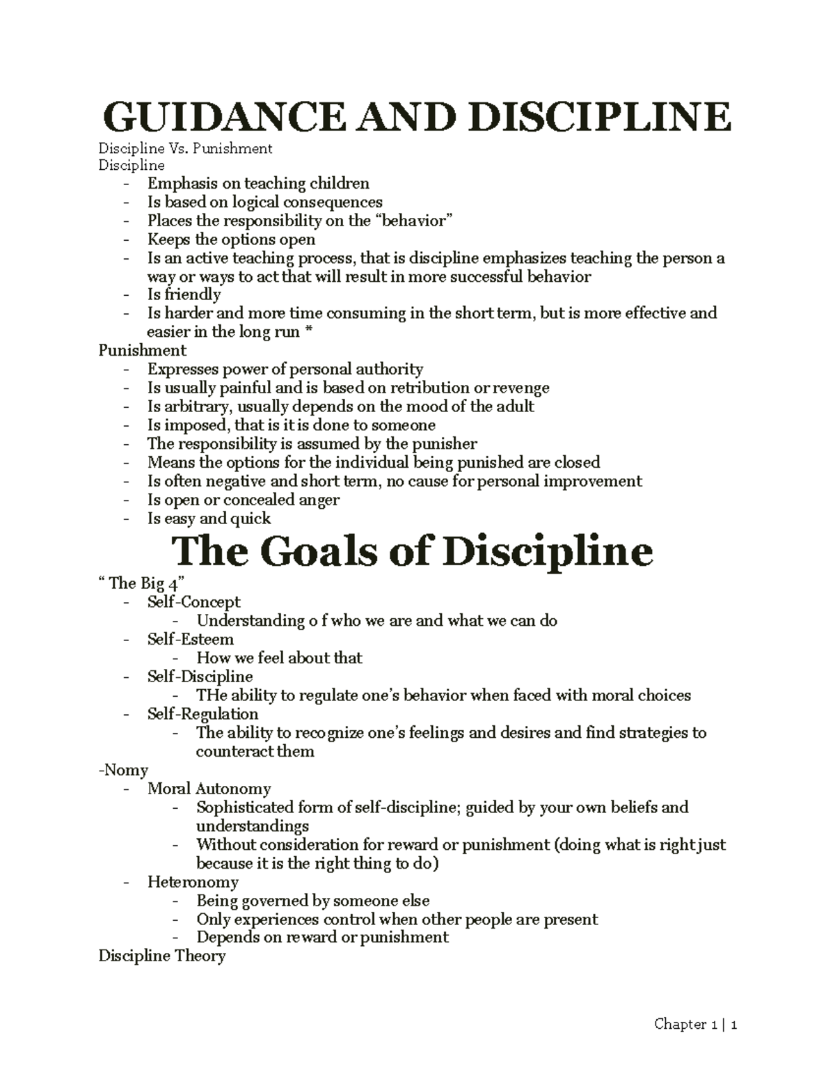 Chapter 1 Notes - GUIDANCE AND DISCIPLINE Discipline Vs. Punishment ...