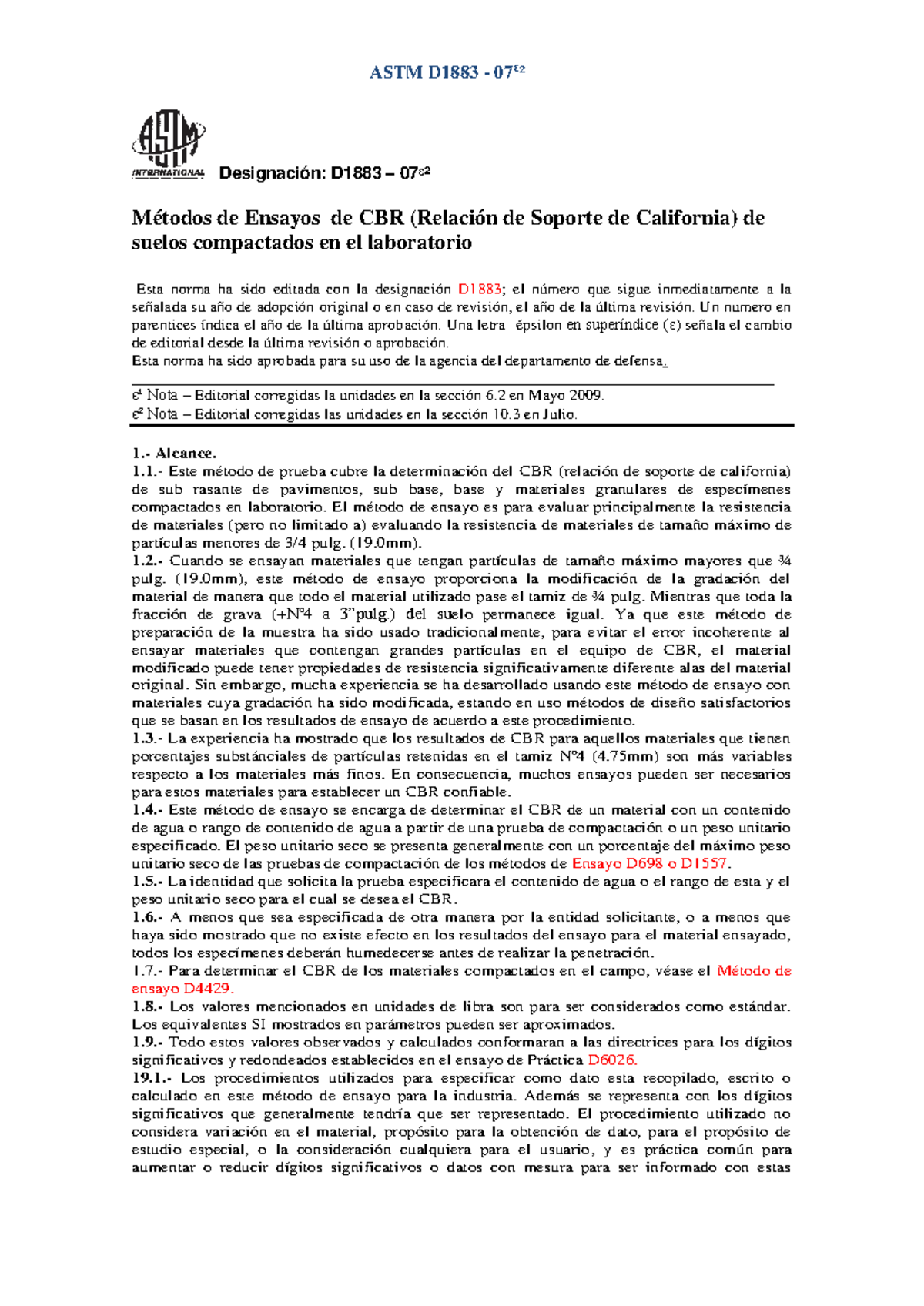 Métodos de Ensayo ASTM D1883: Relación de Soporte de California (CBR ...