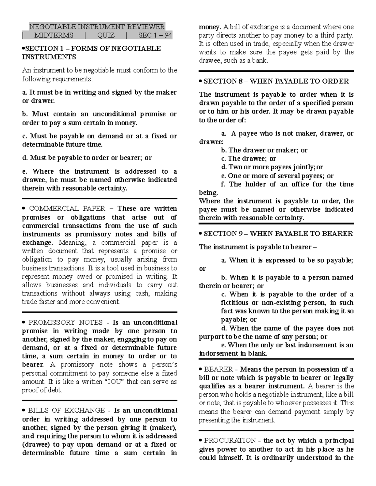 LAW 94 Midterm Exam Reviewer: Negotiable Instruments Overview - Studocu