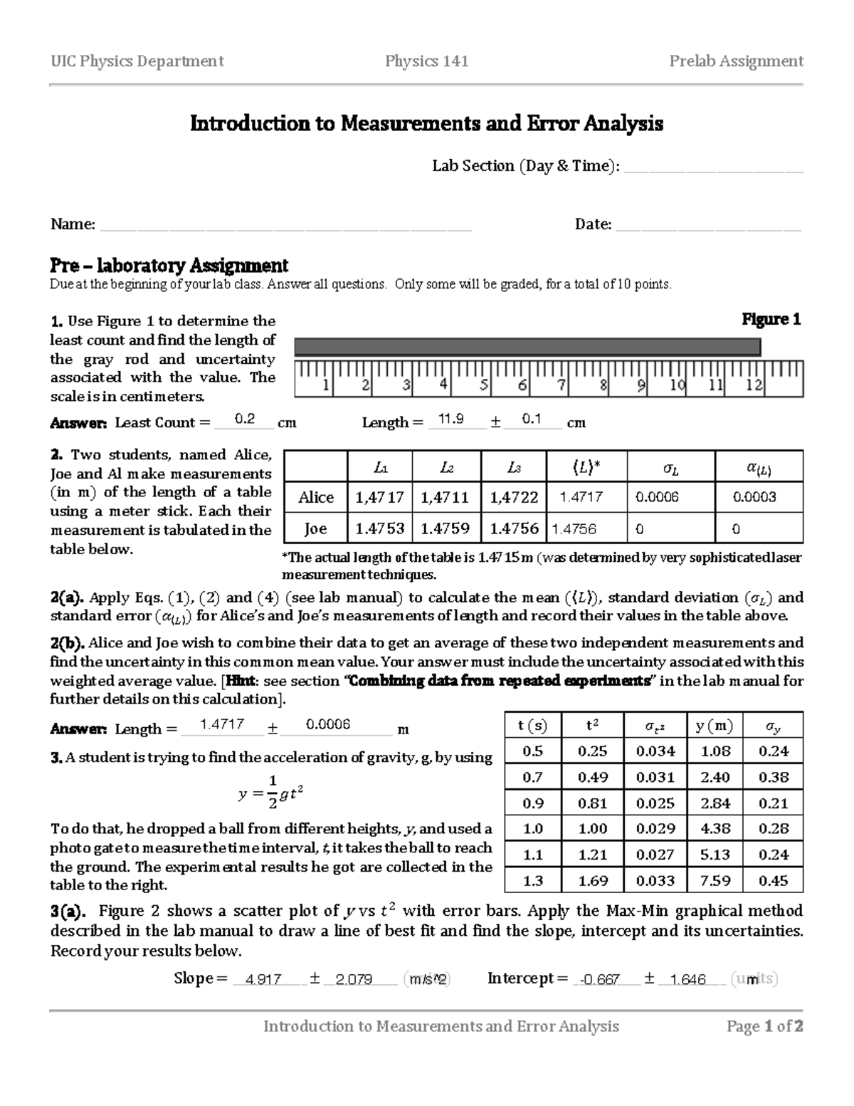 PHYS141 - Prelab 1: Measurements and Error Analysis Overview - Studocu