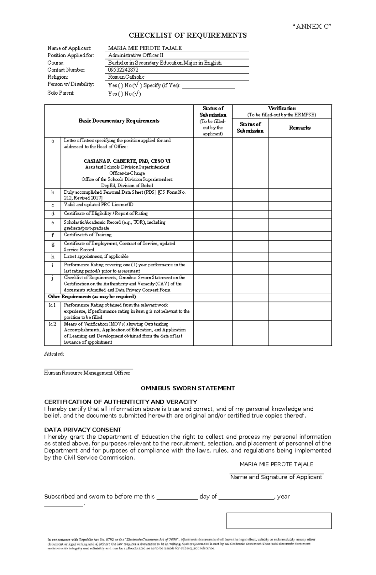 Checklist of Requirements - “ANNEX C” CHECKLIST OF REQUIREMENTS Name of Applicant: MARIA MIE ...