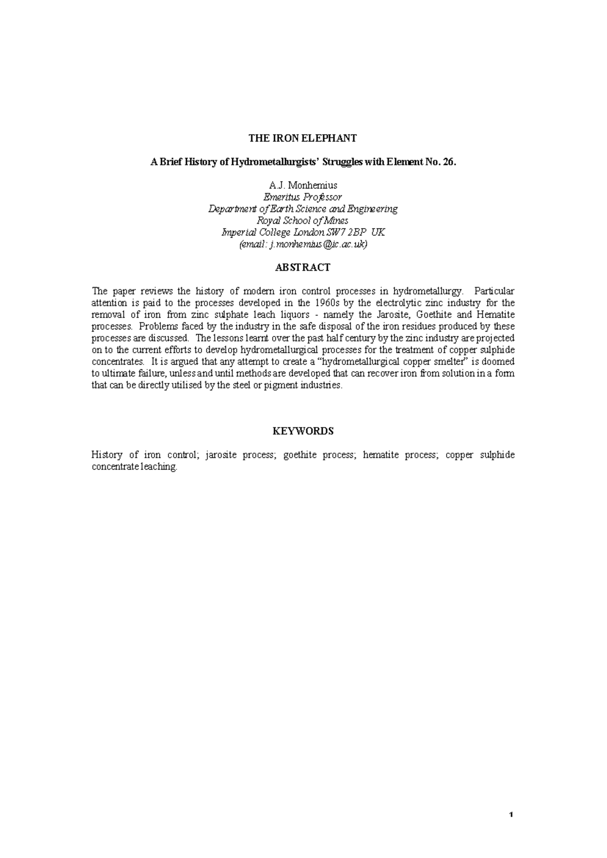 Iron Control Processes in Hydrometallurgy: A Historical Overview (ENG ...