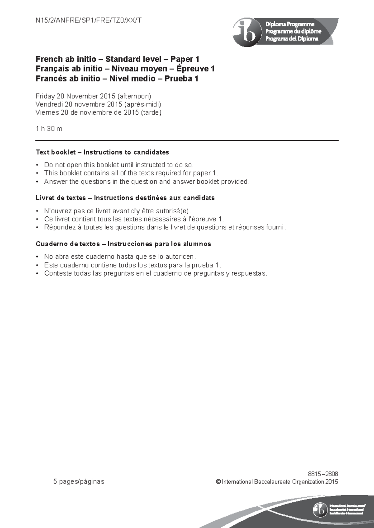 French ab initio SL Paper 1 Text Booklet (N15/2/ANFRE) - Studocu