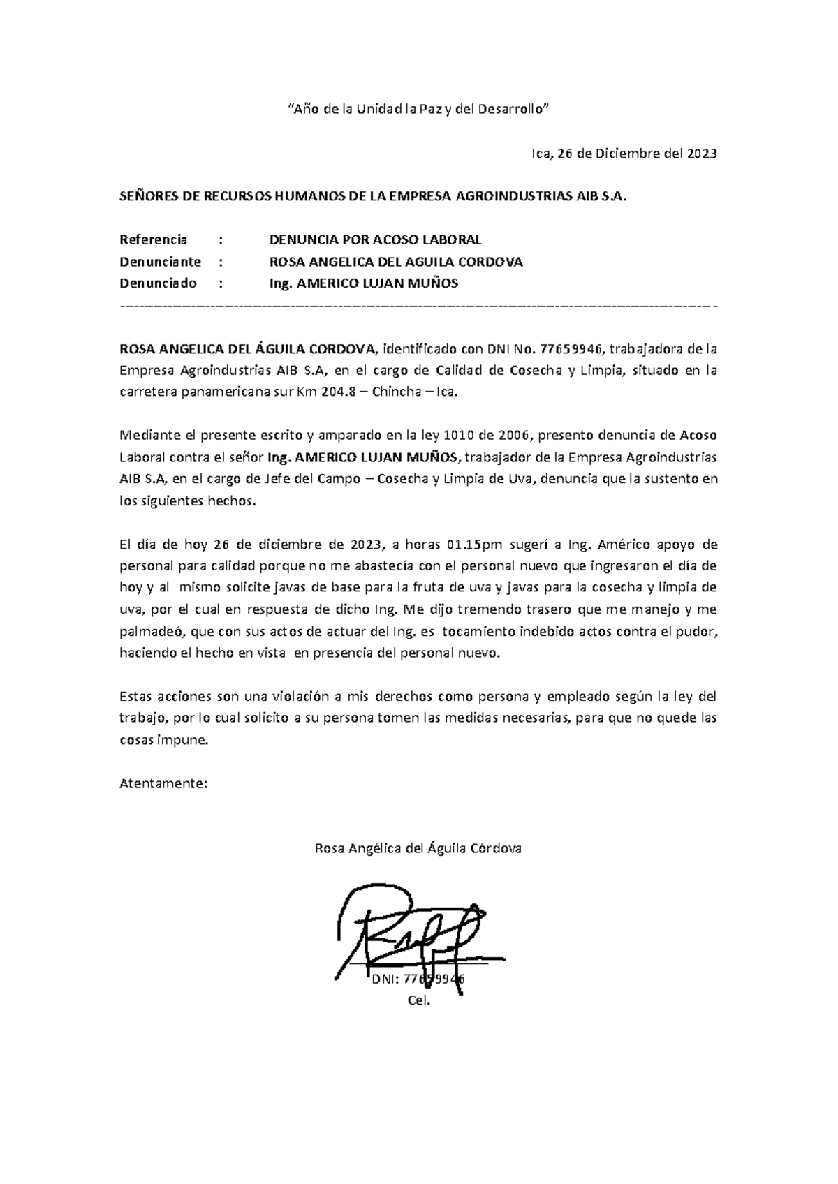 Acosamiento - 00000000000000000000000000000 - “Año de la Unidad la Paz ...
