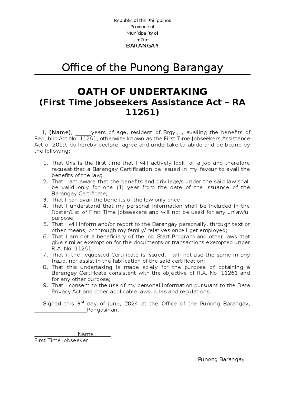 Oath of Undertaking for First Time Jobseekers (RA 11261) - Studocu