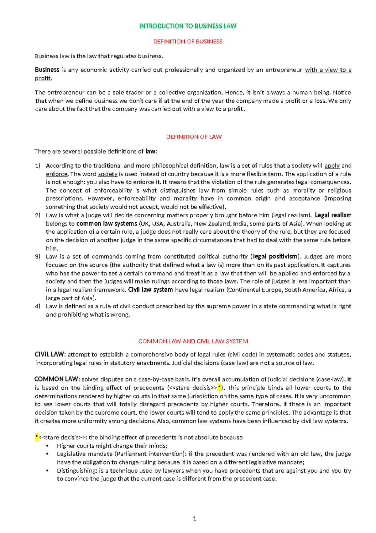 Business Law Notes (Course Code: BL101) - Key Concepts and Definitions ...