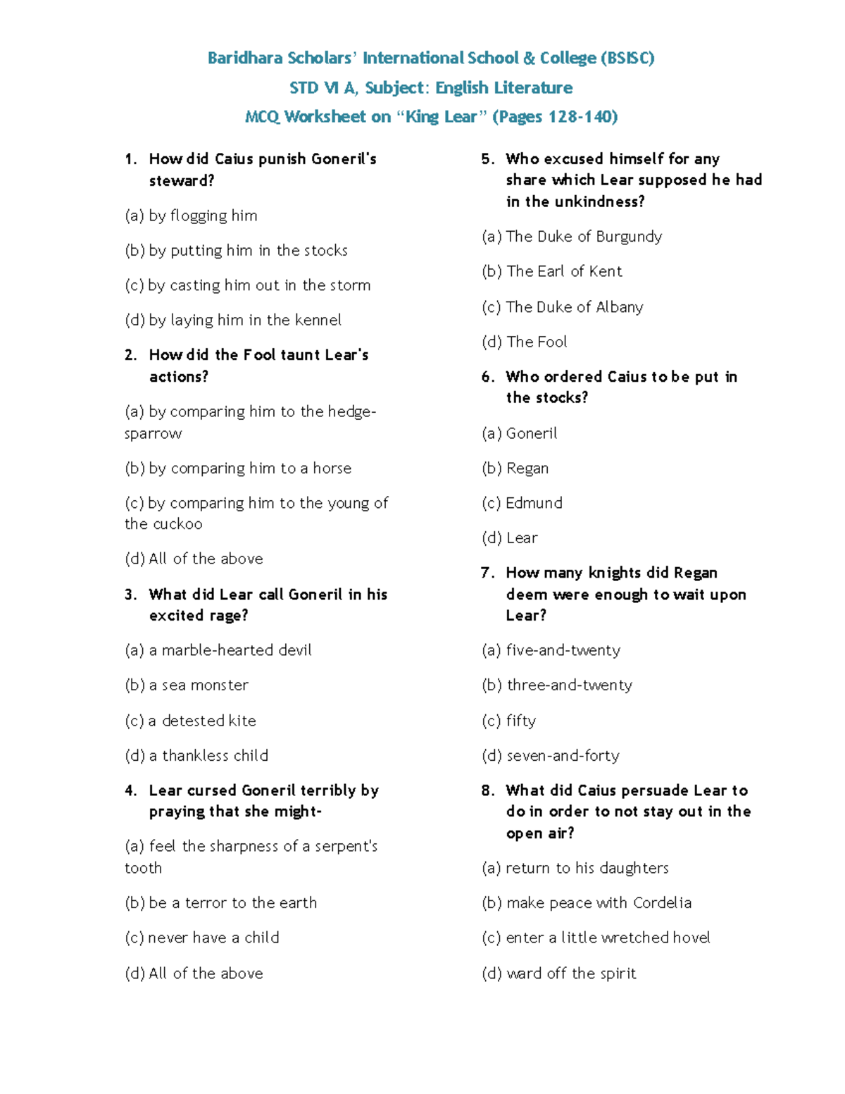 BSISC STD VI A English Literature MCQ Worksheet on Lear and Caius - Studocu