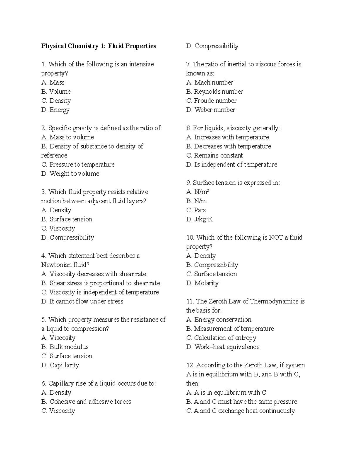 Physical Chemistry 1: Fluid Properties & Compressibility Quiz - Studocu