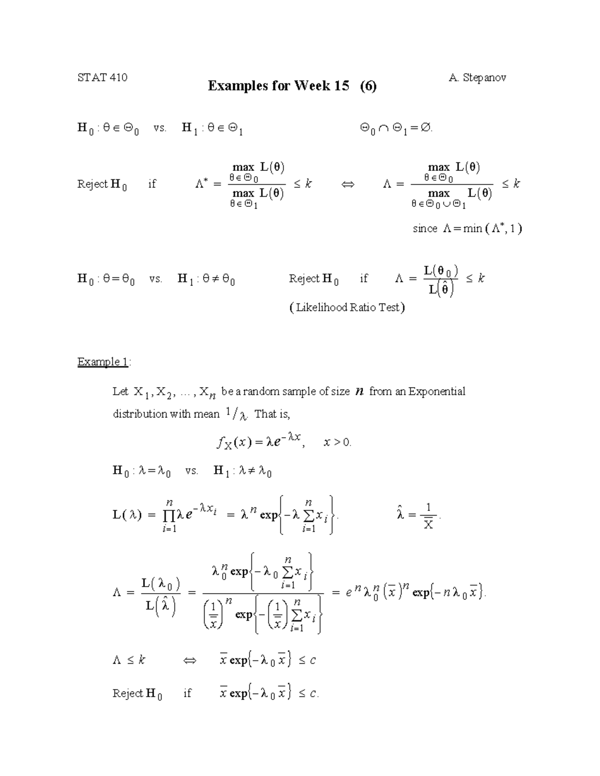 UIUC STAT 410 Week 15 Hypothesis Testing Examples - Studocu